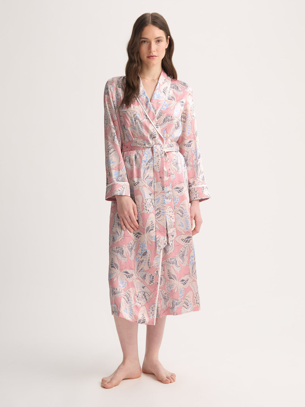 Women's Long Dressing Gown Silk Pink Multicolour Butterfly | Derek Rose
