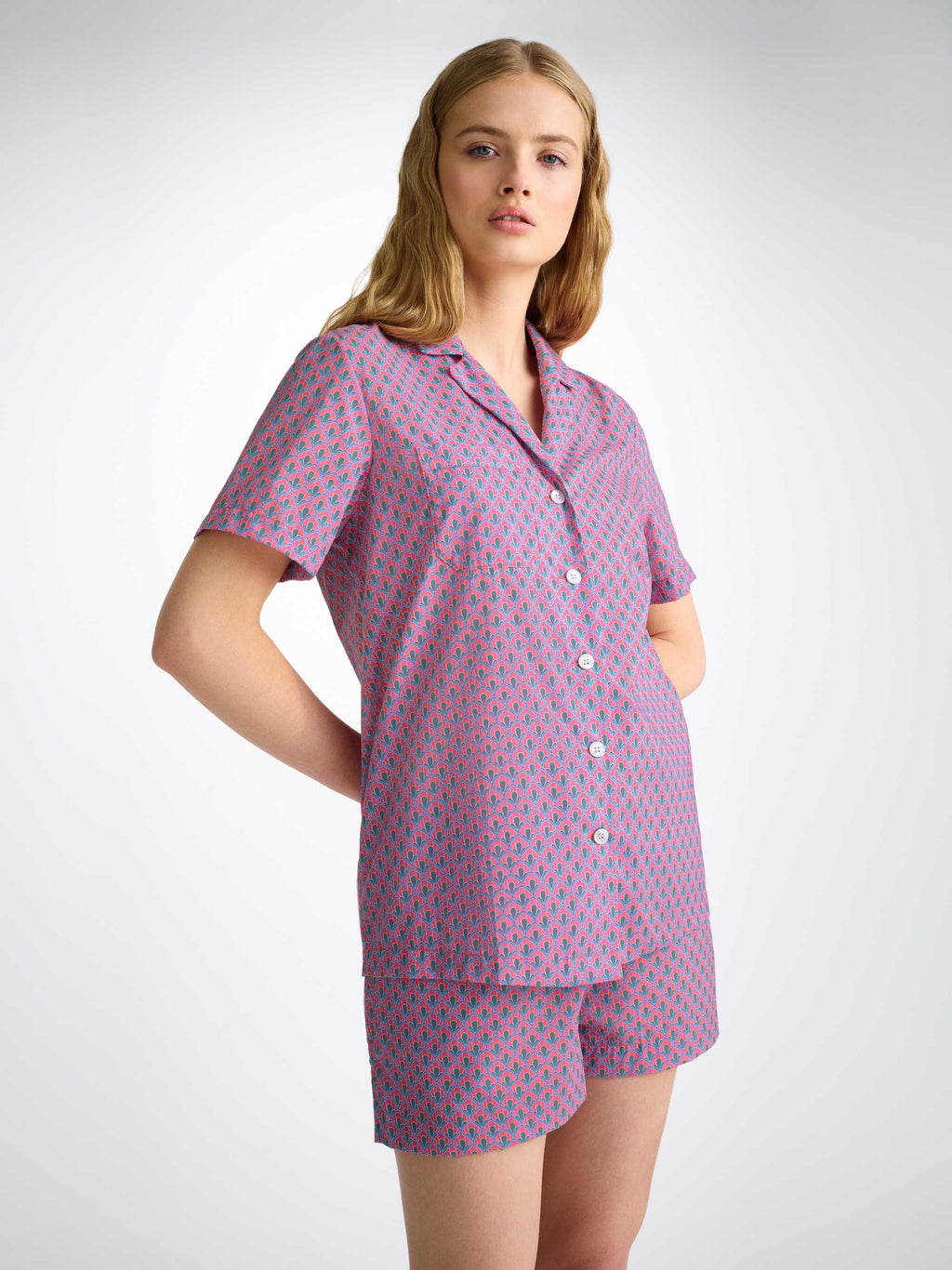 Women's Short Pyjamas Cotton Batiste Flamingo Pink Scalloped Leaf Print ...