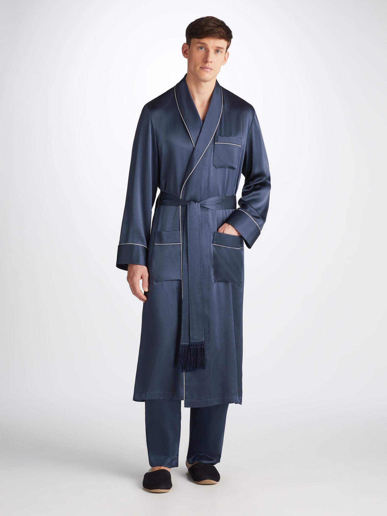 Men's Luxury Dressing Gown Pure Silk Navy | Derek Rose