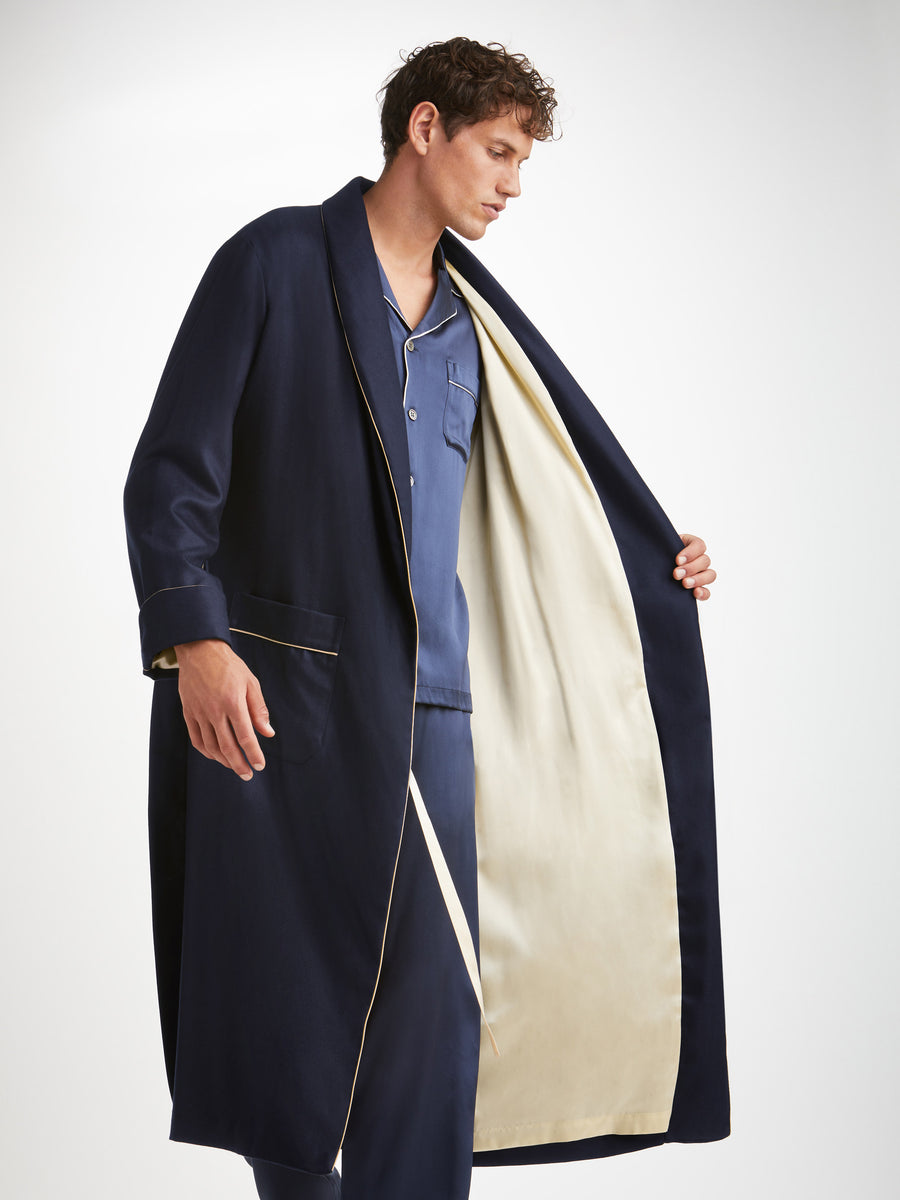 Men's Luxury 100% Cashmere Robe Navy | Derek Rose