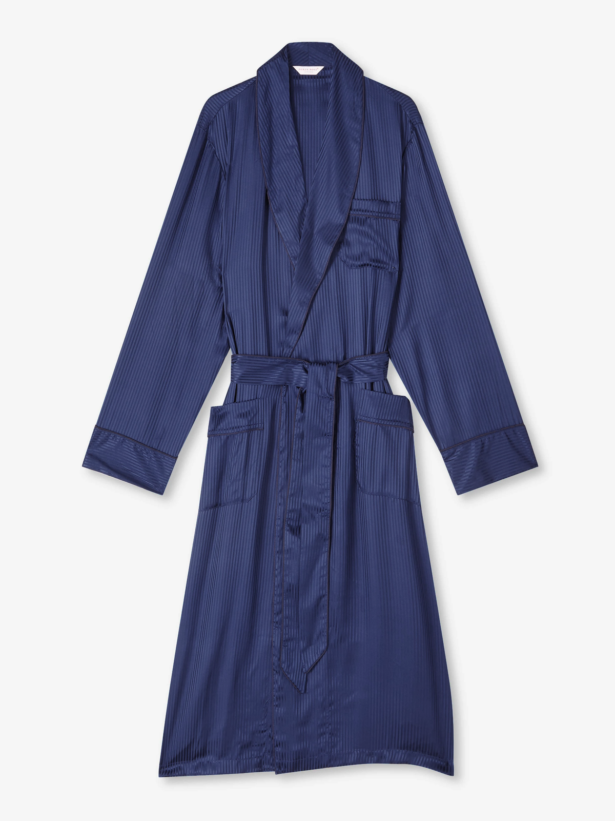 Mens Dressing Gown Pure Silk Stripe Navy | Derek Rose